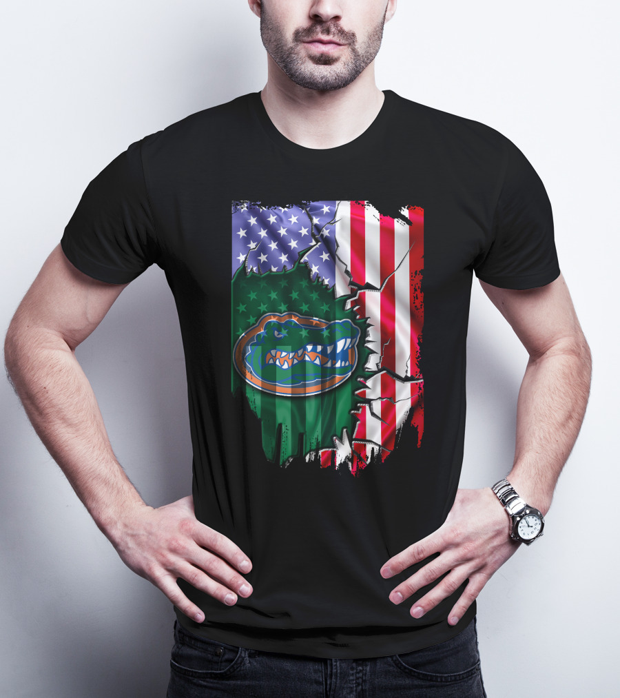 United States Flag Ripped With Florida Gators T-Shirt