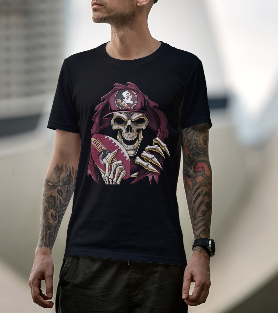 Skullbong Florida State Seminoles Skeleton Holding Football T-Shirt