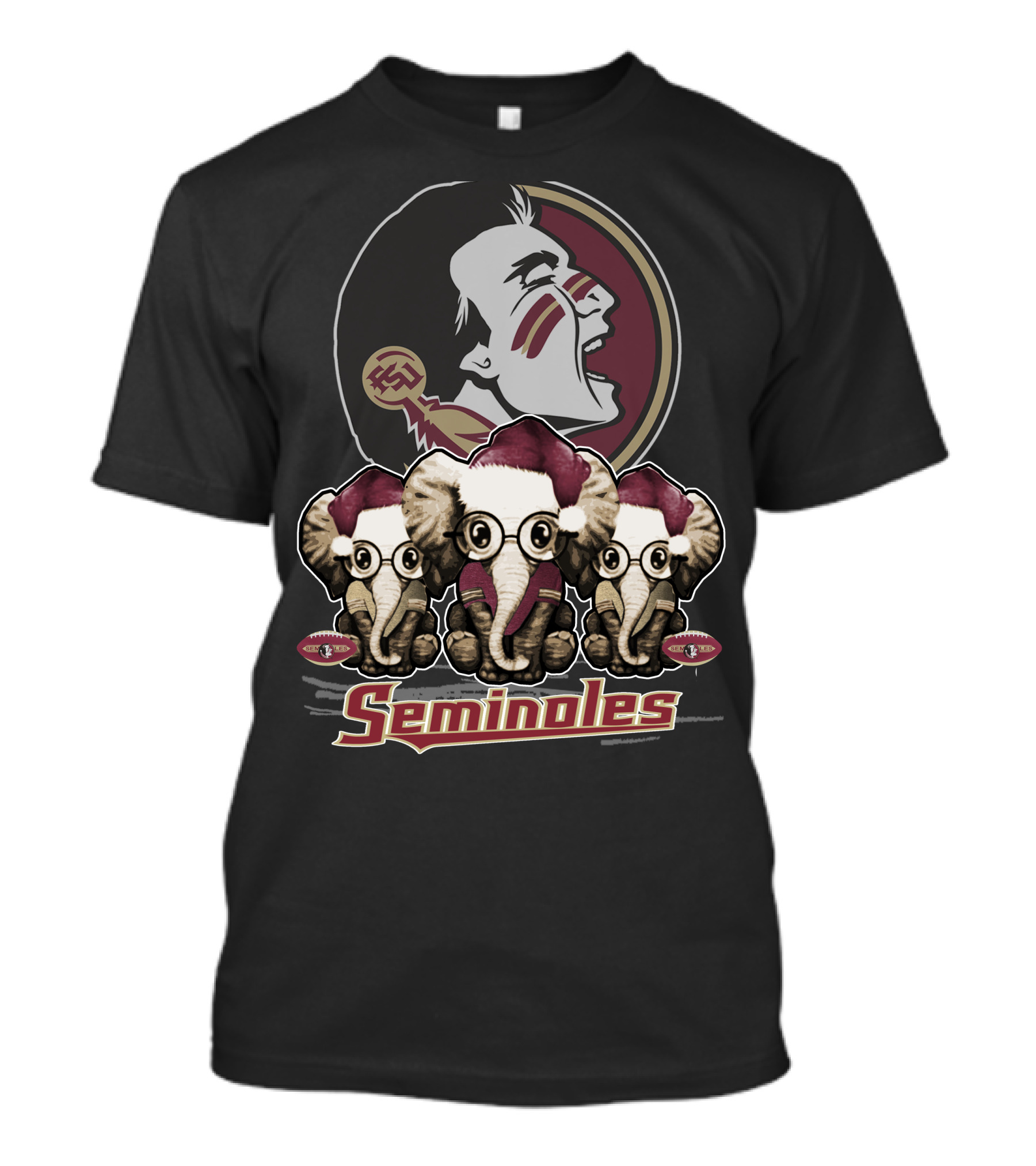 Seminoles Florida State Xmas Elephan With Santa Hats And Eyeglasses T-Shirt