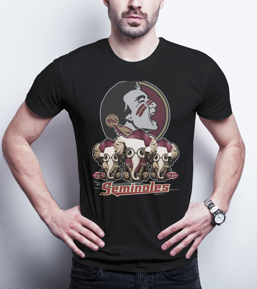 Seminoles Florida State Xmas Elephan With Santa Hats And Eyeglasses T-Shirt