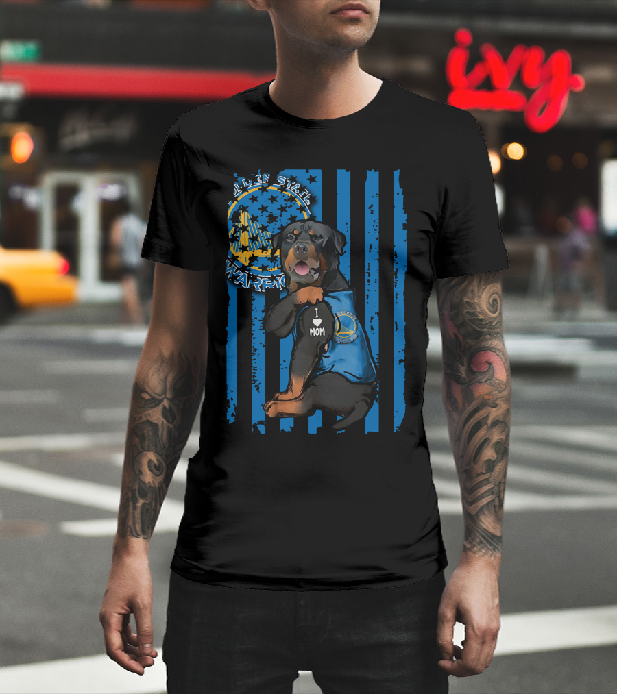 Golden State Warriors Rottweiler I Love Mom Blue Flag T-Shirt