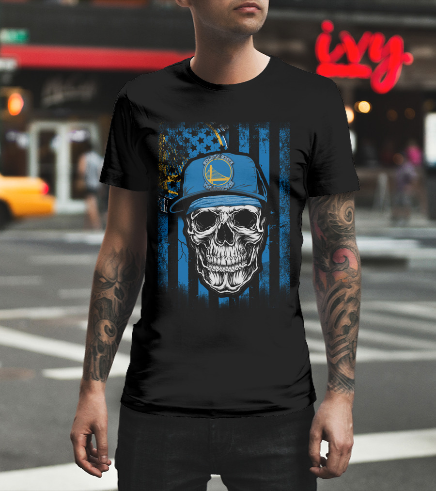 Golden State Warriors Skull V1 Blue Cap And Stars Stripes T-Shirt