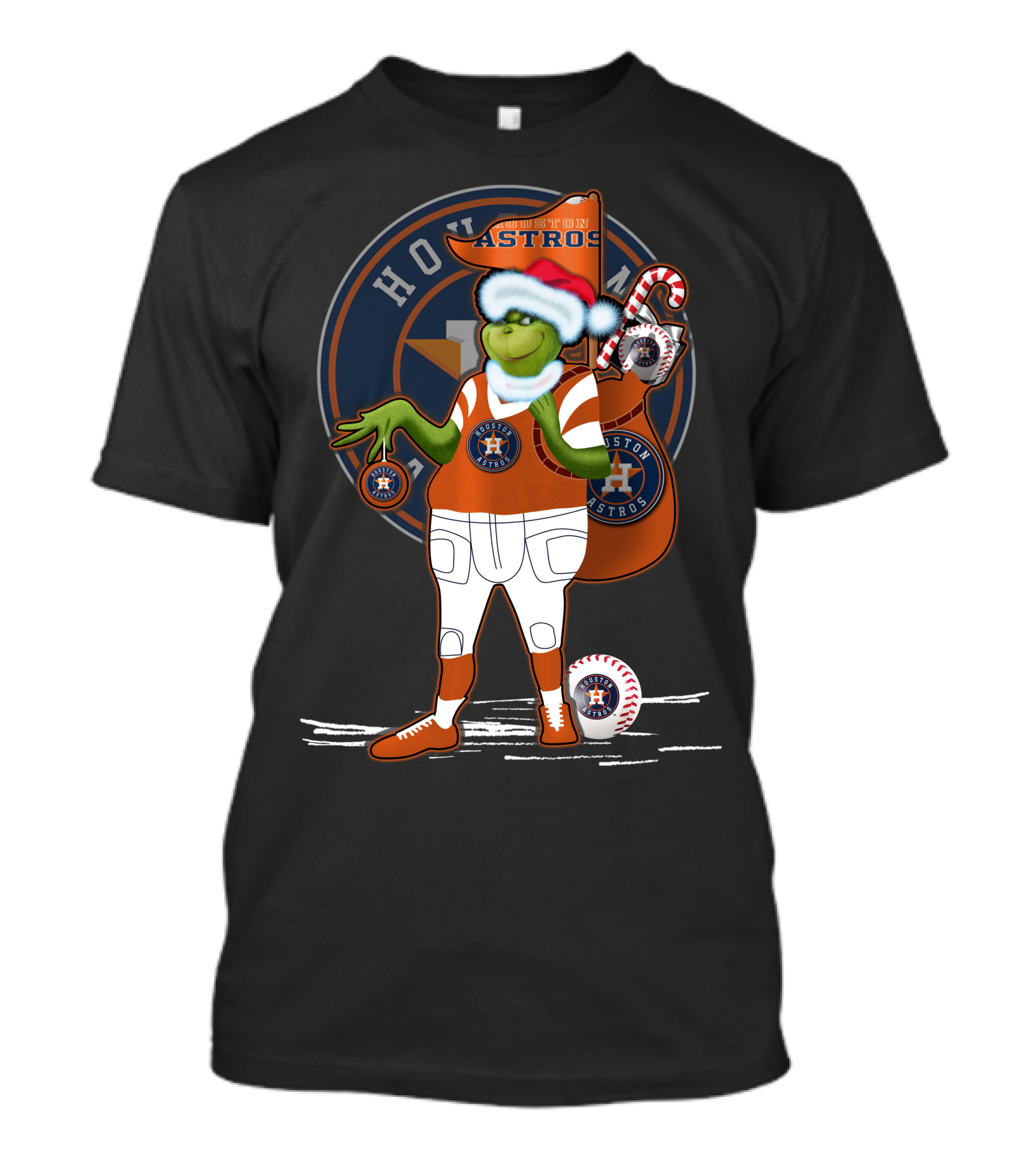 Grinchxmas Houston Astros Santa Hat Baseball Player With Logo And Candy Cane Sack T-Shirt