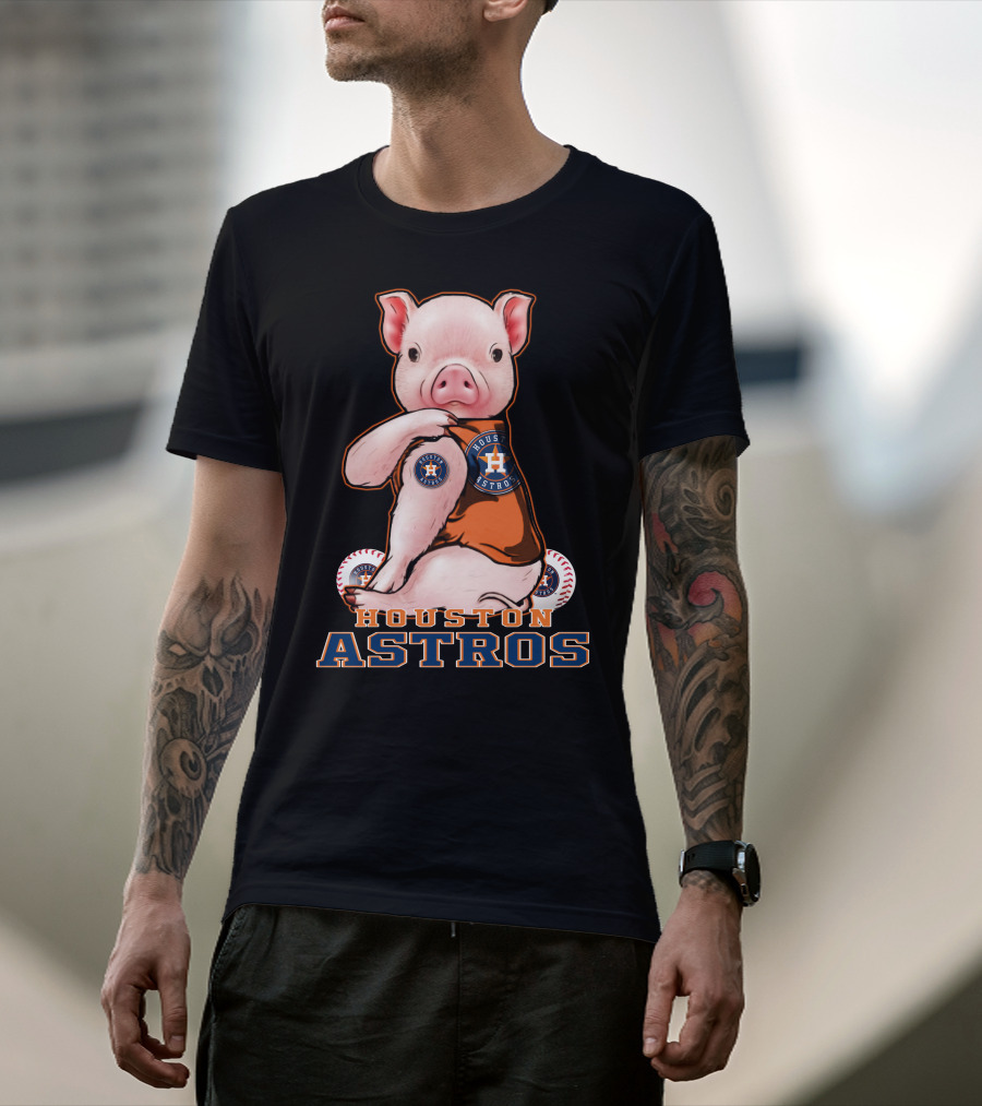 Pig Wearing Houston Astros Jersey With Logo And Baseballs T-Shirt