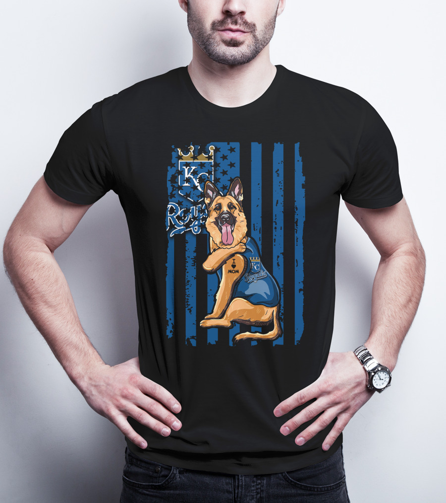 KC Royals German Shepherd Fan With I Love Mom Tattoo T-Shirt