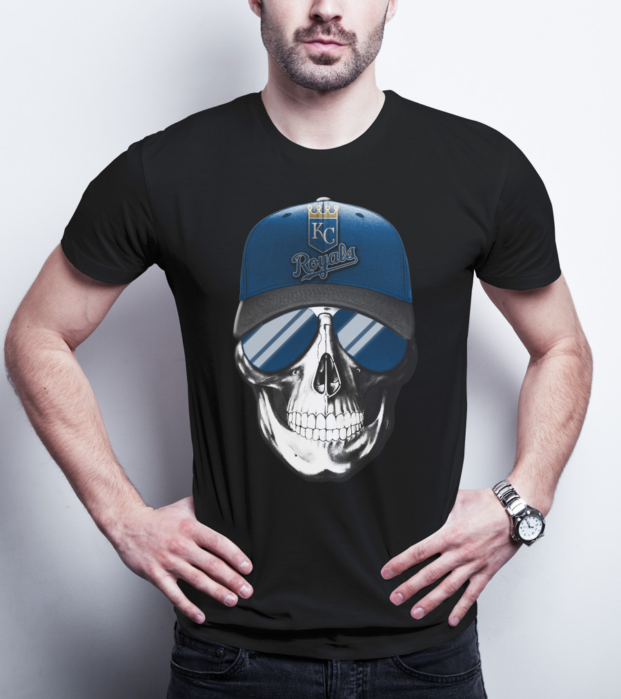 Skull With Kansas City Royals Baseball Cap And Sunglasses T-Shirt