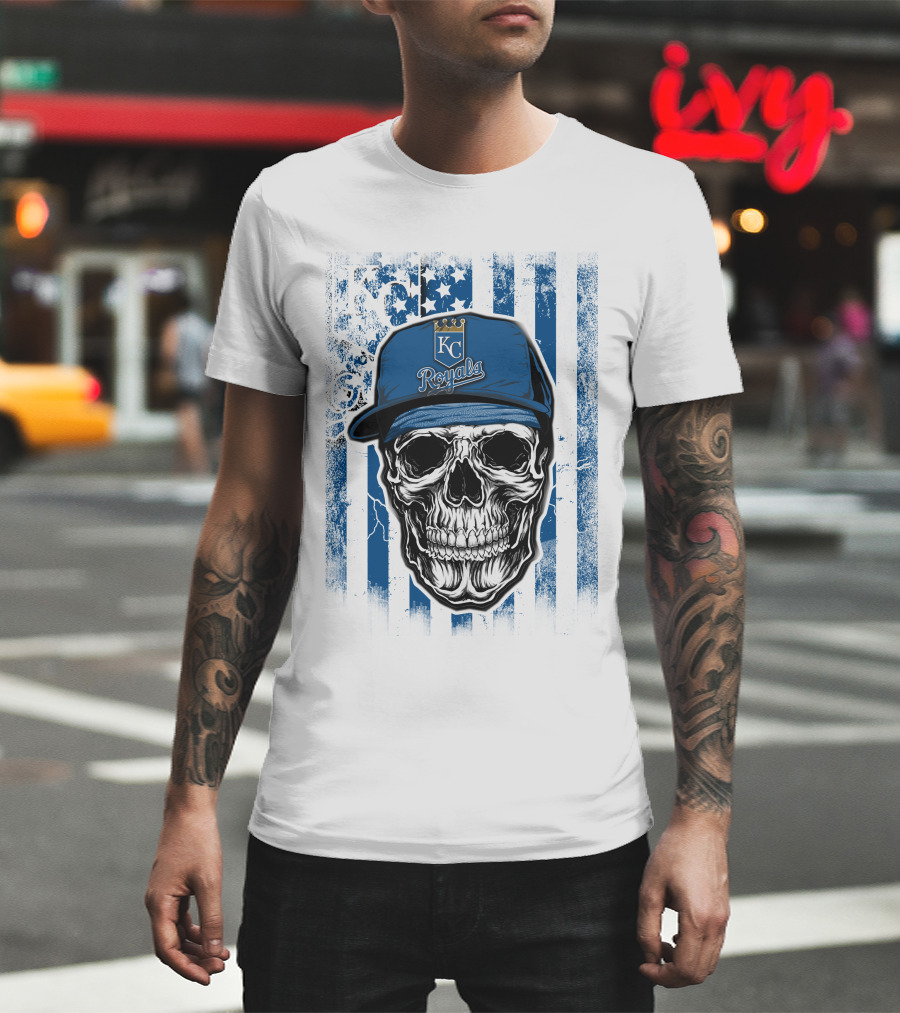 Kansas City Royals Skull With Blue Hat And Crown Symbol On T-Shirt