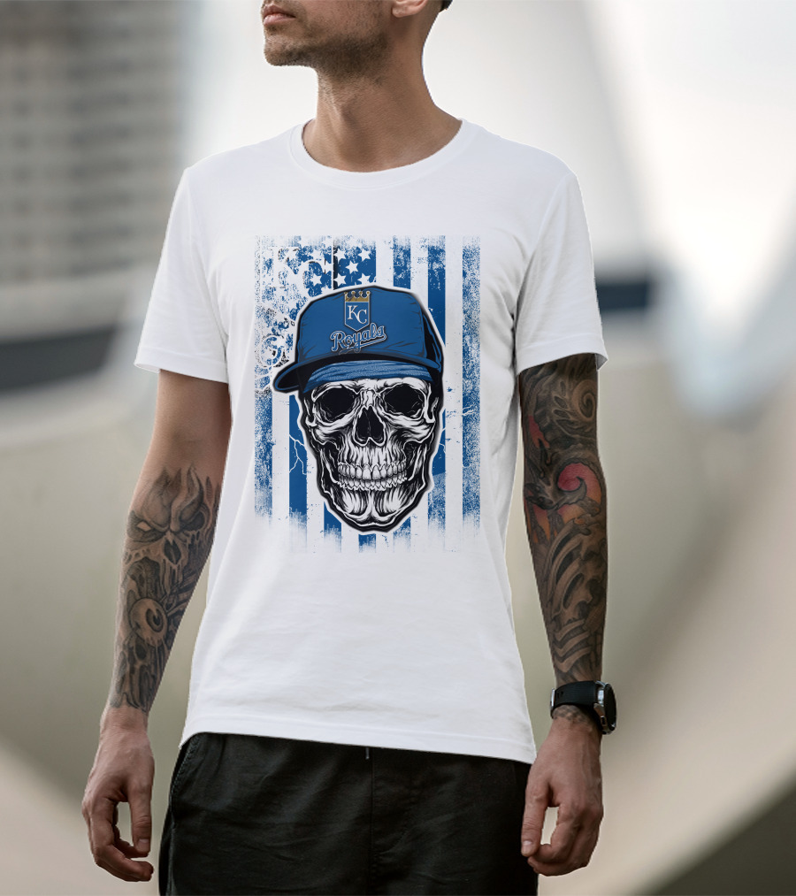 Kansas City Royals Skull With Blue Hat And Crown Symbol On T-Shirt