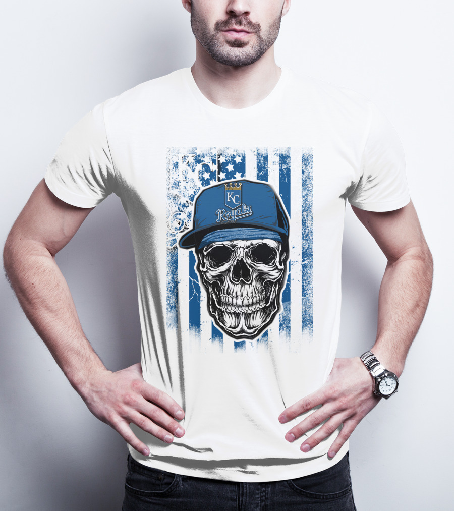 Kansas City Royals Skull With Blue Hat And Crown Symbol On T-Shirt
