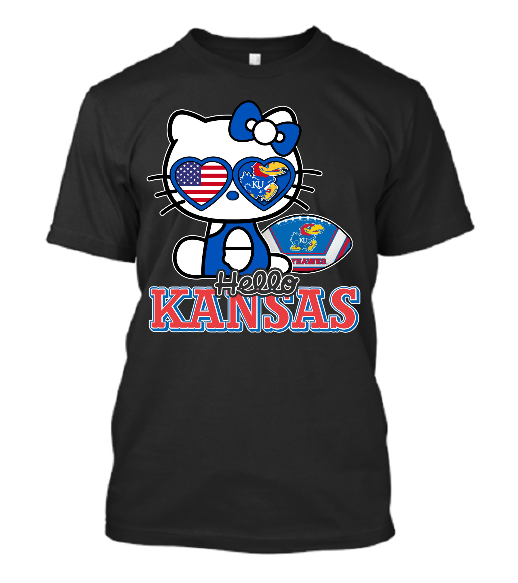 Hello Kitty Kansas Jayhawks KU Football American Flag T-Shirt