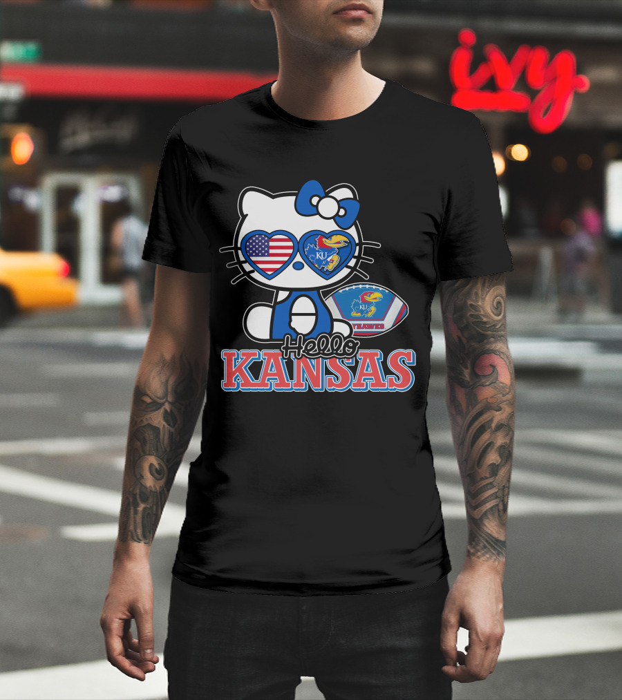 Hello Kitty Kansas Jayhawks KU Football American Flag T-Shirt