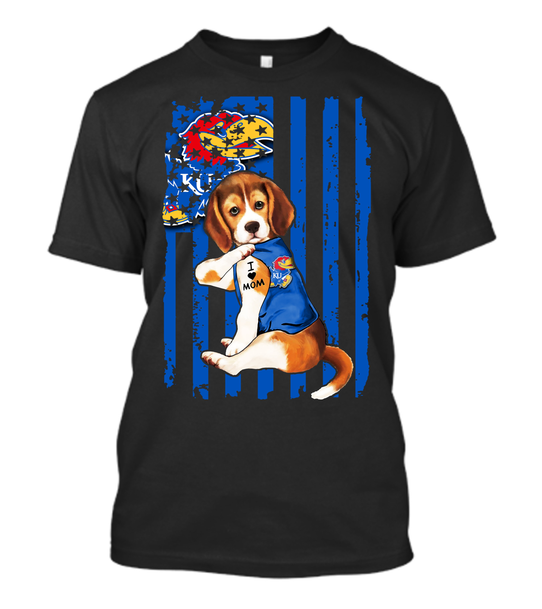 I Love Mom Beagle Wearing Kansas Jayhawks Logo Blue Flag Background T-Shirt