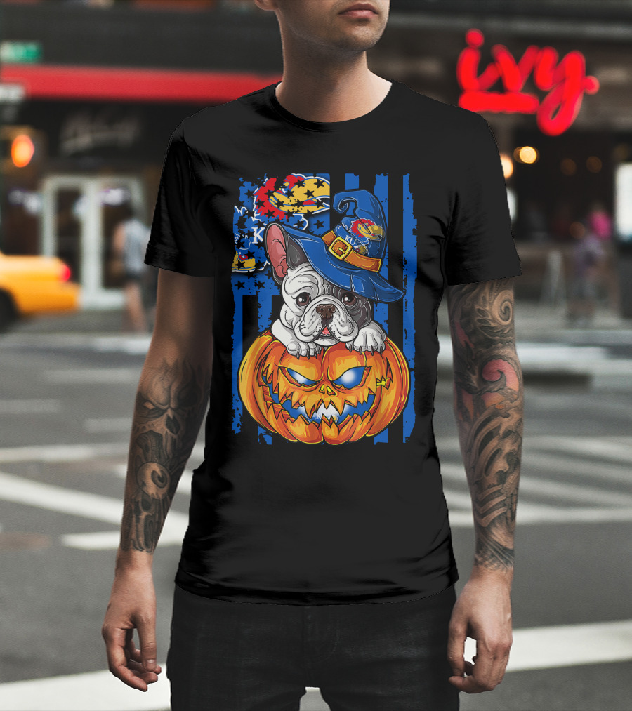 Kansas Jayhawks Bulldog Halloween Pumpkin Wizard Hat T-Shirt