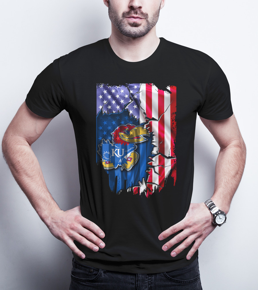 Flag Kansas Jayhawks American USA Torn Design KU T-Shirt