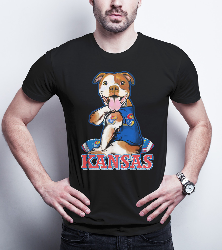 Kansas Pitbull Mascot With Jayhawks Football T-Shirt