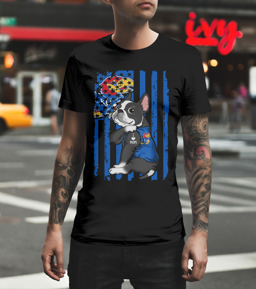 Boston Terrier I Love Mom Kansas Jayhawks KU Logo Blue Stripes T-Shirt