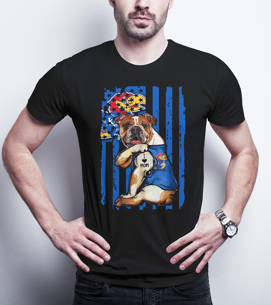 Bulldog Wearing Kansas Jayhawks I Love Mom Tattoo With Blue Stripes And Jayhawk T-Shirt