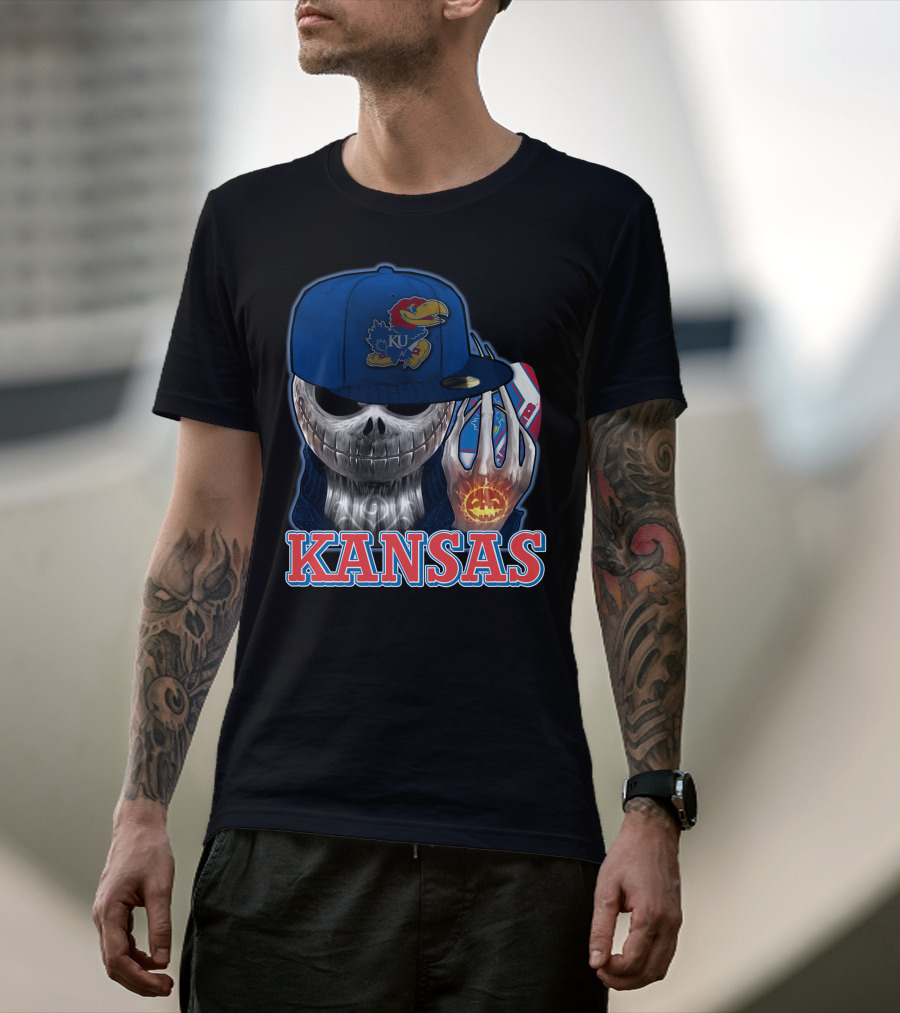 Kansas Jayhawks Skull Halloween Pumpkin Blue Cap T-Shirt