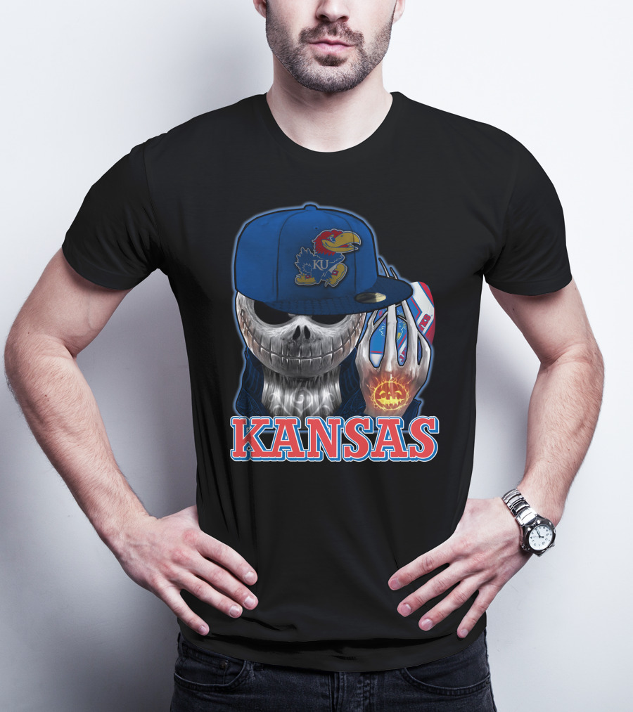 Kansas Jayhawks Skull Halloween Pumpkin Blue Cap T-Shirt
