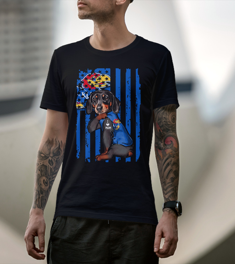 Dachshund I Love Mom Kansas Jayhawks Blue Stripes T-Shirt