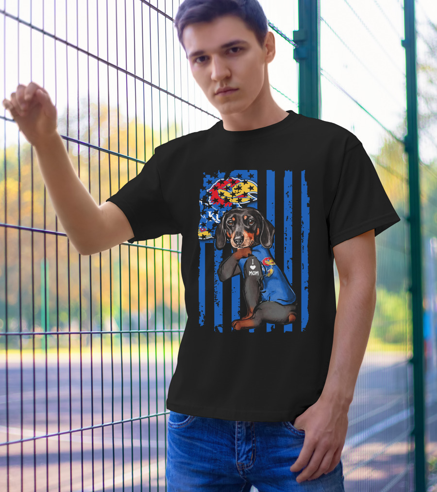 Dachshund I Love Mom Kansas Jayhawks Blue Stripes T-Shirt