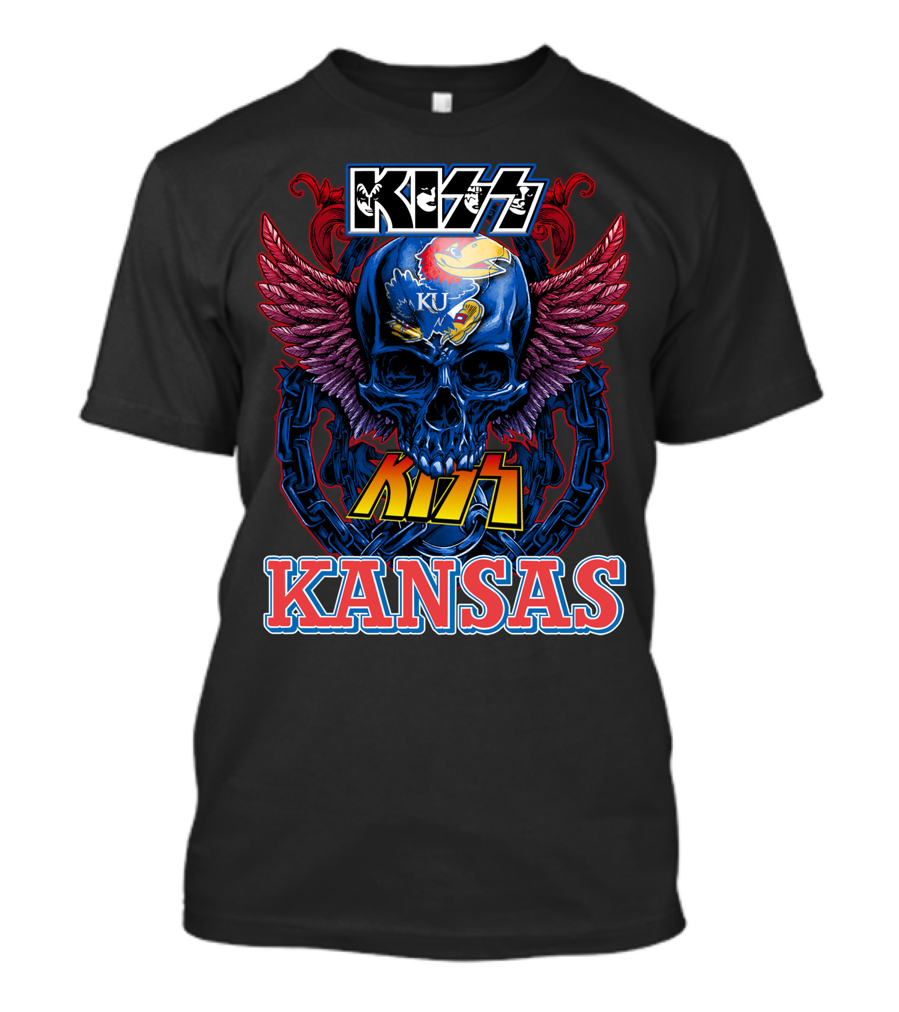 KISS Kansas Jayhawks Skull KU Winged Logo Chains T-Shirt