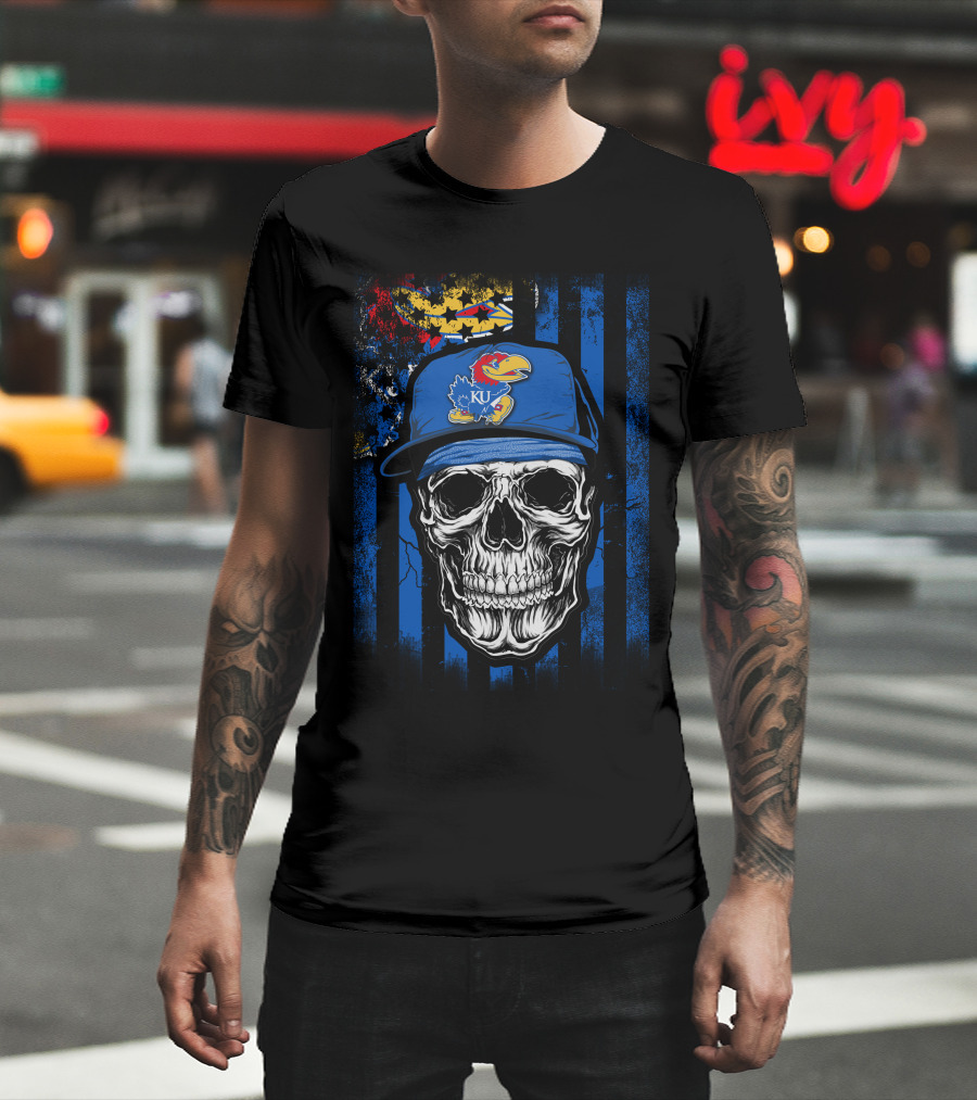 Skull Kansas Jayhawks KU Logo Hat Blue And Red Stripes T-Shirt