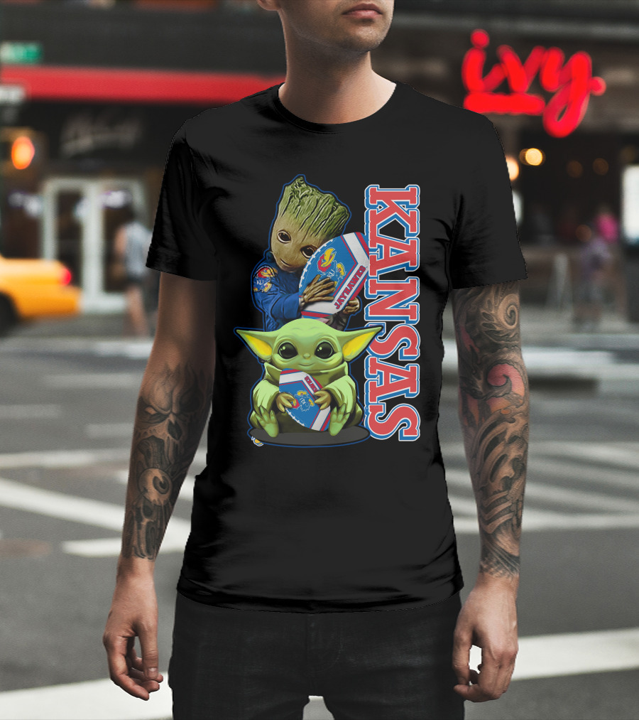 Kansas Jayhawks Groot Baby Yoda Football Hug T-Shirt