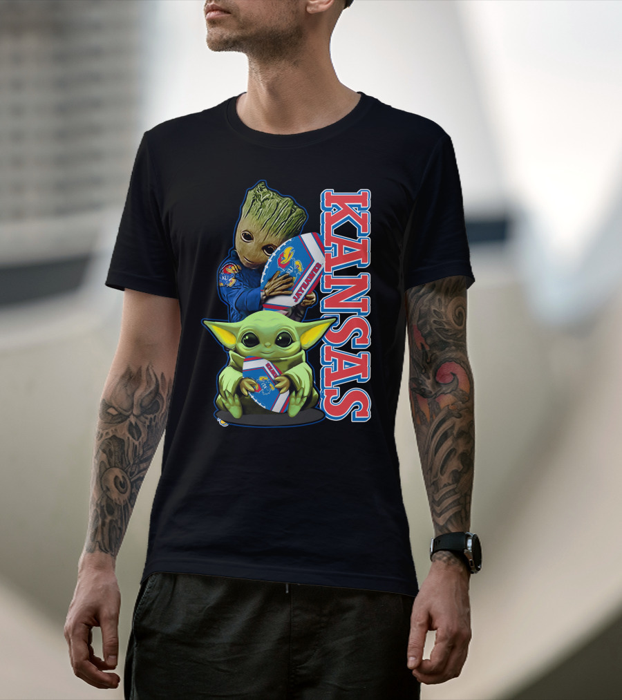 Kansas Jayhawks Groot Baby Yoda Football Hug T-Shirt
