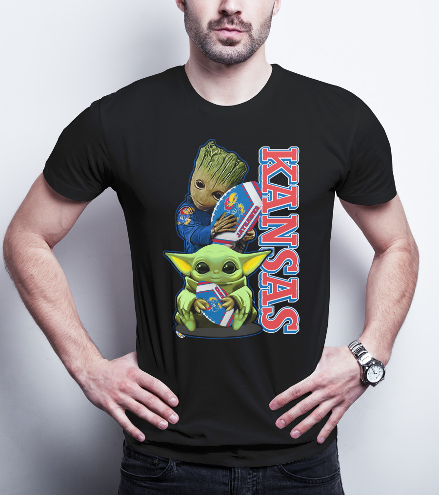 Kansas Jayhawks Groot Baby Yoda Football Hug T-Shirt