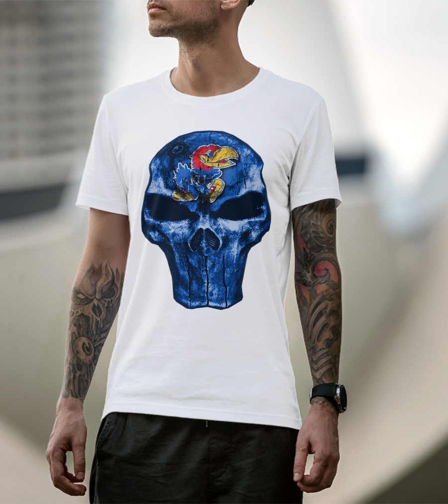 Kansas Jayhawks Logo On Blue Skull T-Shirt