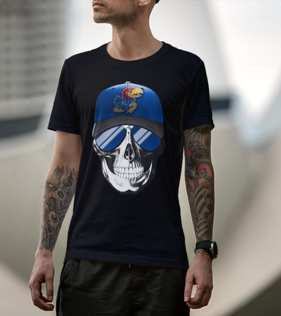 Kansas Jayhawks Skull With Blue Cap And Sunglasses T-Shirt