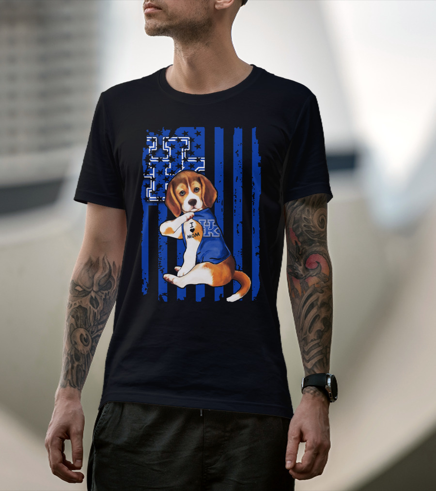 Beagle I Love Mom Kentucky Wildcats Blue Stars Stripes T-Shirt