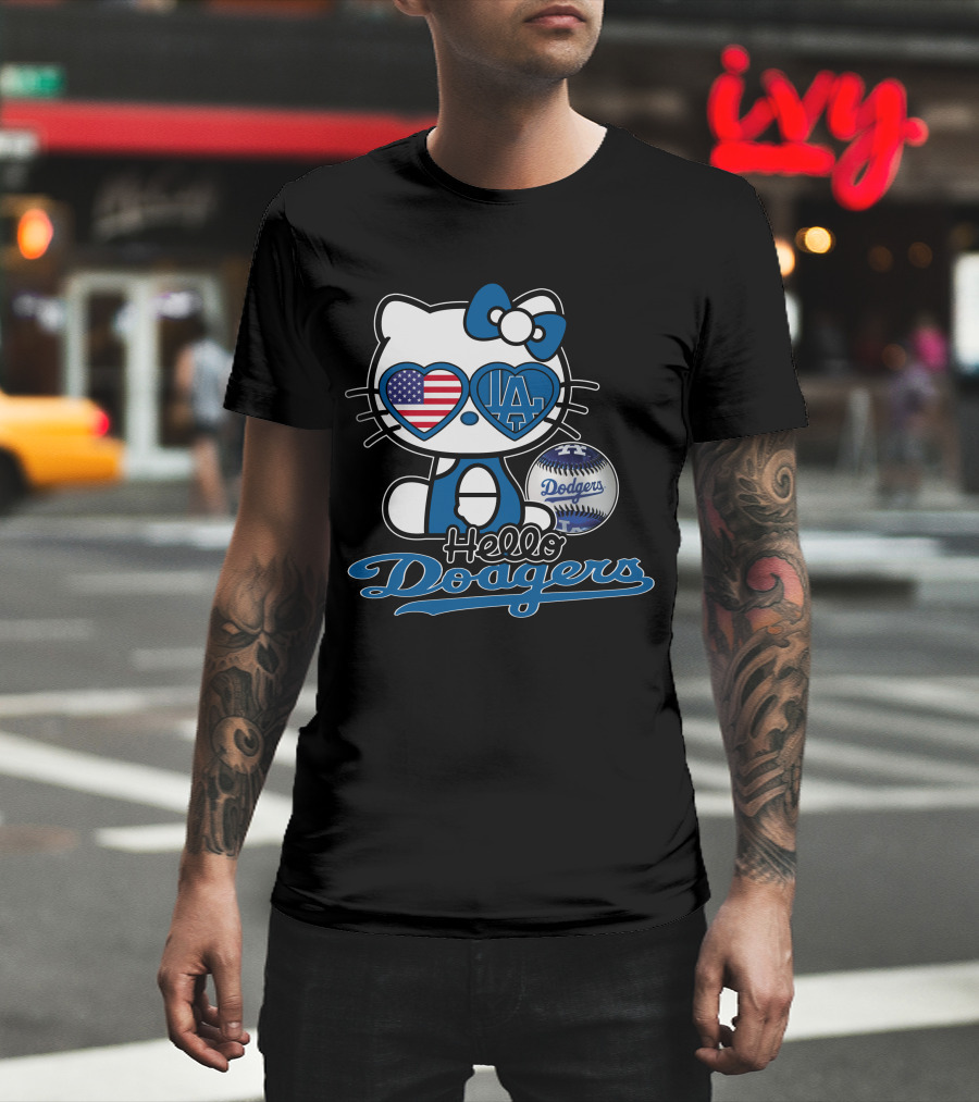 Hello Kitty Dodgers Los Angeles Baseball Heart USA Flag T-Shirt