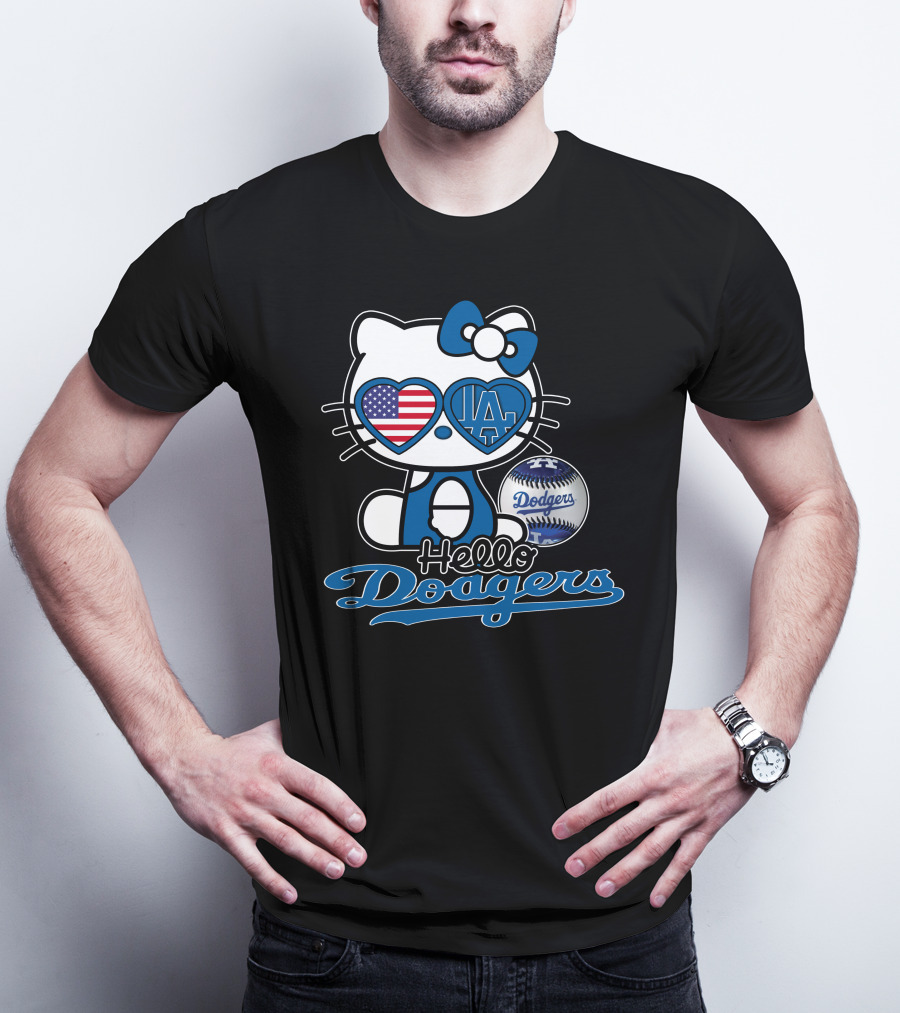 Hello Kitty Dodgers Los Angeles Baseball Heart USA Flag T-Shirt