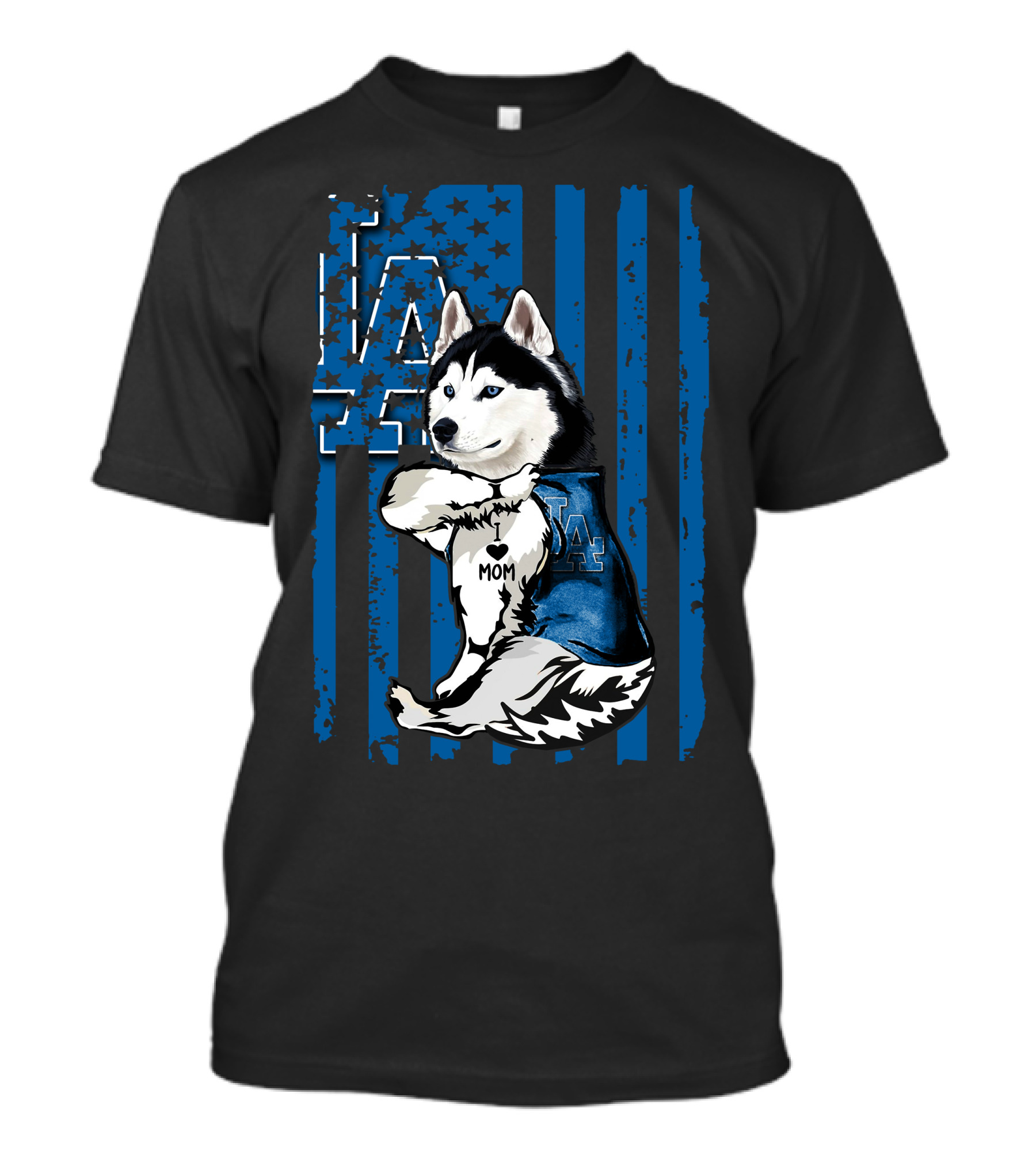 Siberian Husky LA Dodgers Blue American Flag Mom Tattoo T-Shirt