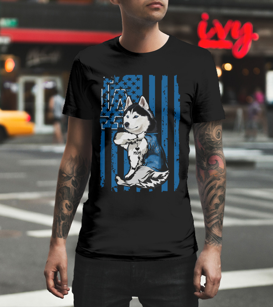 Siberian Husky LA Dodgers Blue American Flag Mom Tattoo T-Shirt