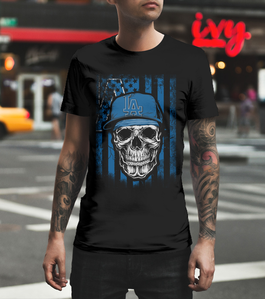 Skull Los Angeles Dodgers Baseball Cap Blue Stripes Stars T-Shirt