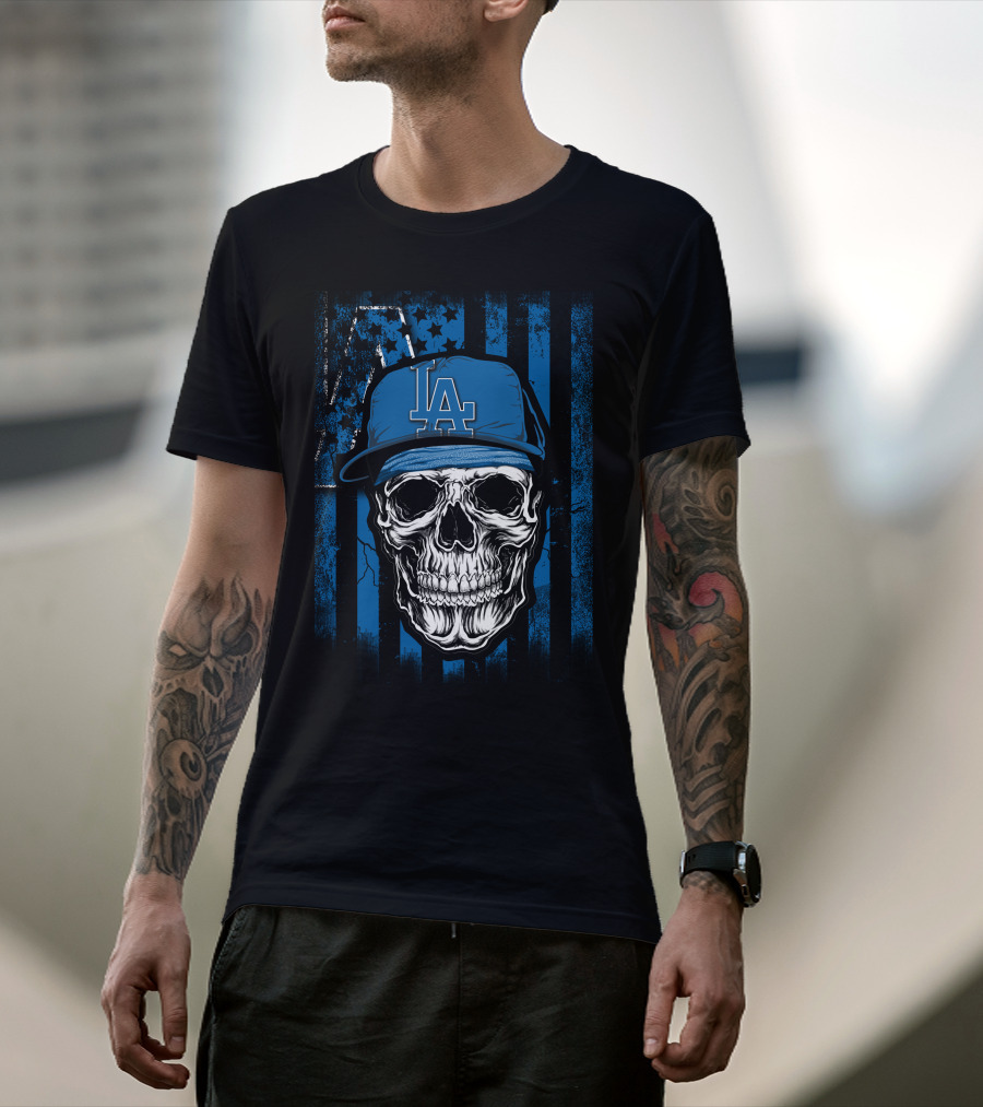 Skull Los Angeles Dodgers Baseball Cap Blue Stripes Stars T-Shirt