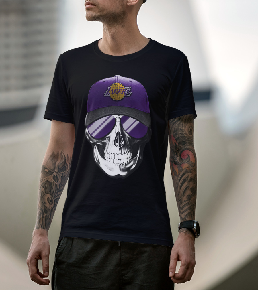 Los Angeles Lakers Skull With Purple Hat And Sunglasses T-Shirt