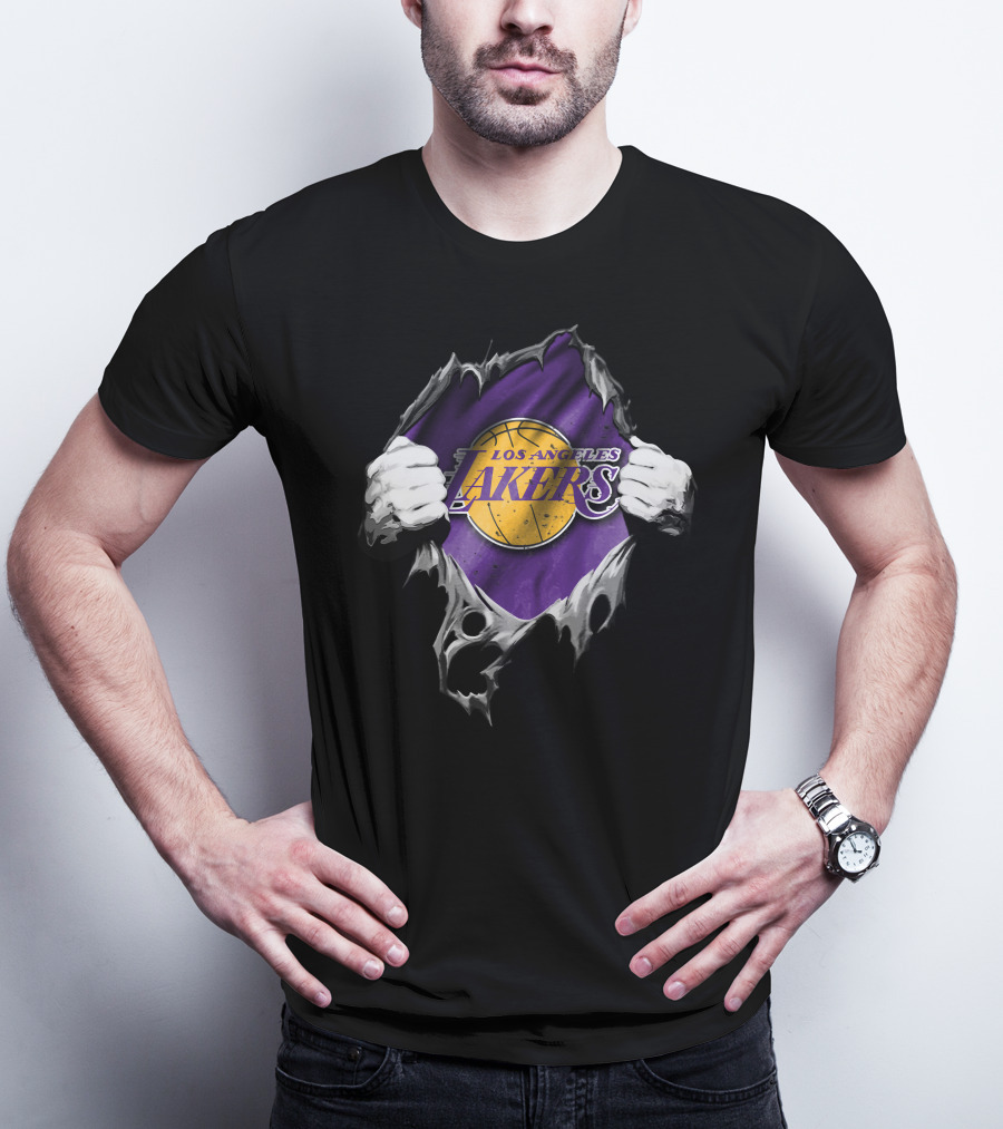 Torn Los Angeles Lakers Logo With Basketball And Hands T-Shirt