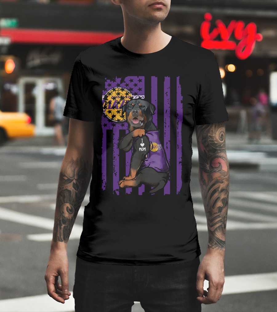 Rottweiler I Love Mom Los Angeles Lakers Purple Stars Stripes T-Shirt