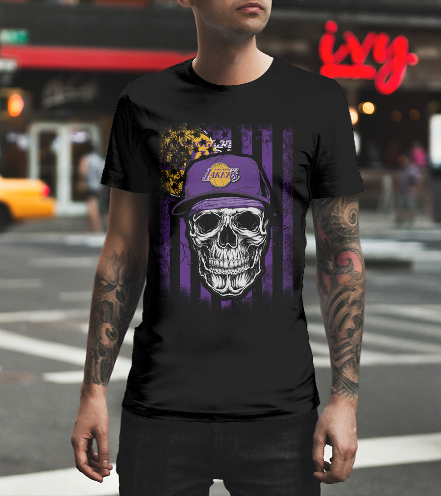 Los Angeles Lakers Skull Cap Bold Gothic T-Shirt