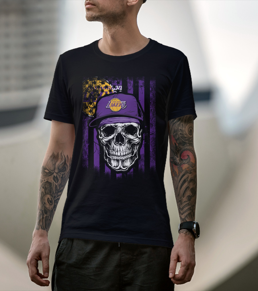 Los Angeles Lakers Skull Cap Bold Gothic T-Shirt