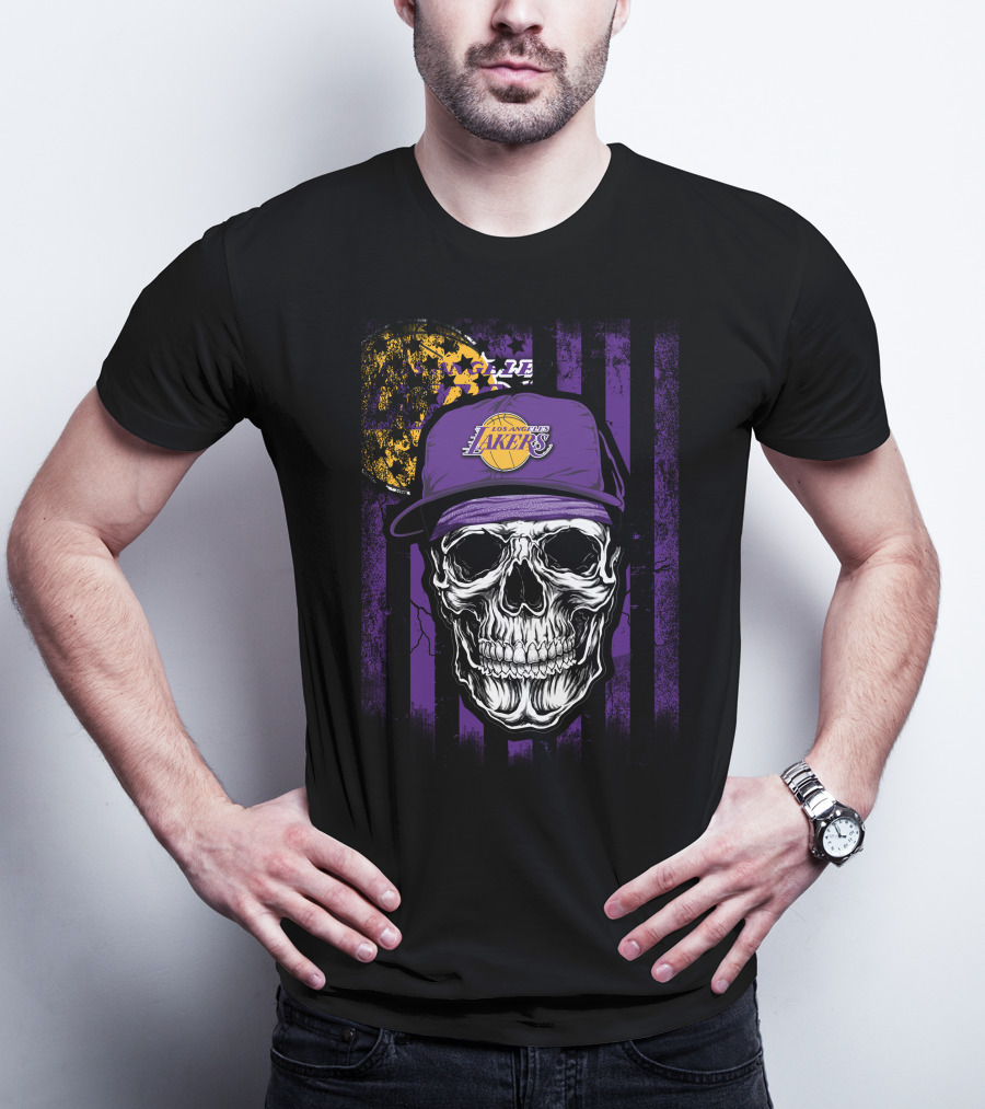 Los Angeles Lakers Skull Cap Bold Gothic T-Shirt