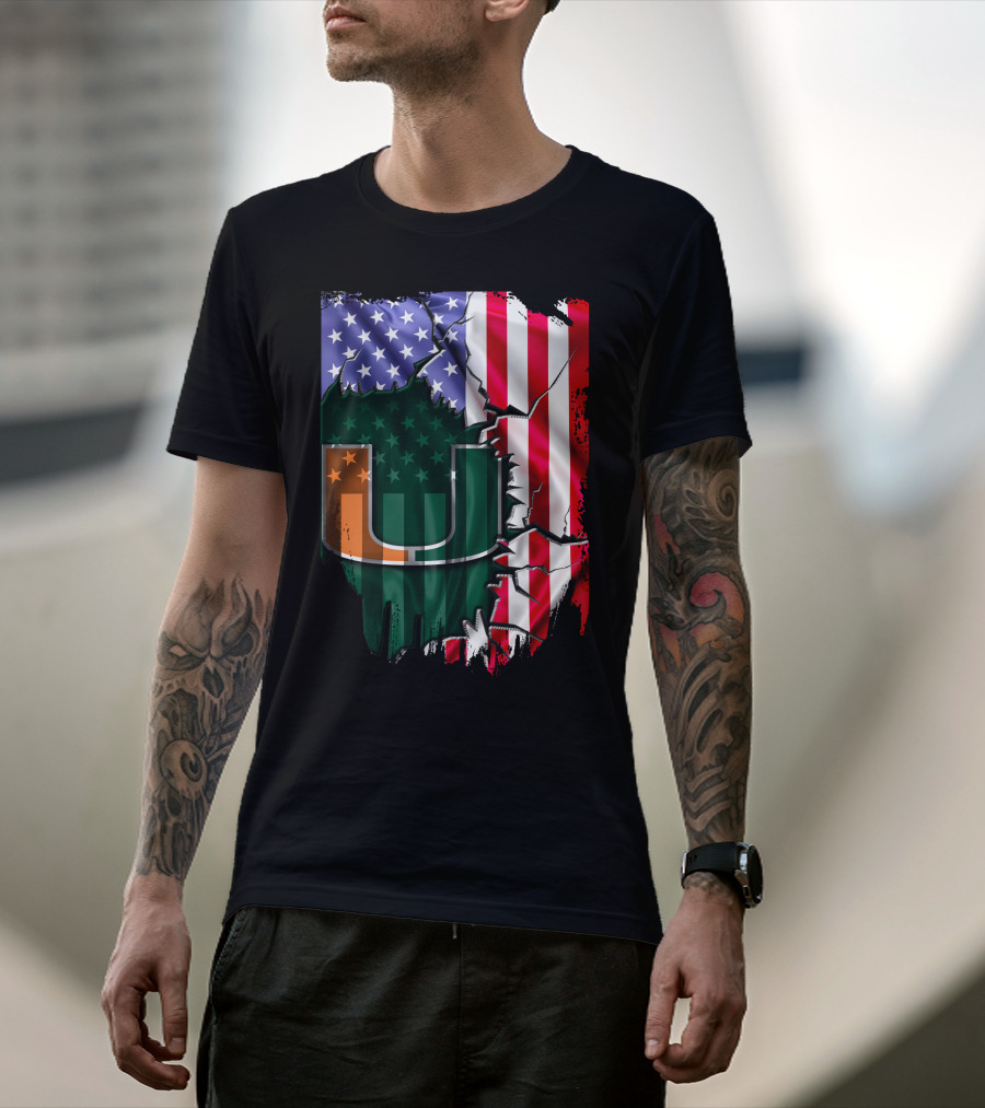 Flag Miami Hurricanes University U Patriotic USA Flag T-Shirt