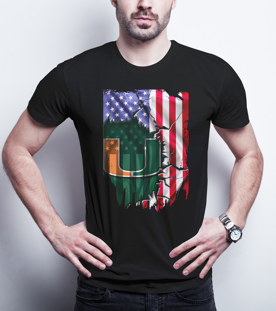 Flag Miami Hurricanes University U Patriotic USA Flag T-Shirt