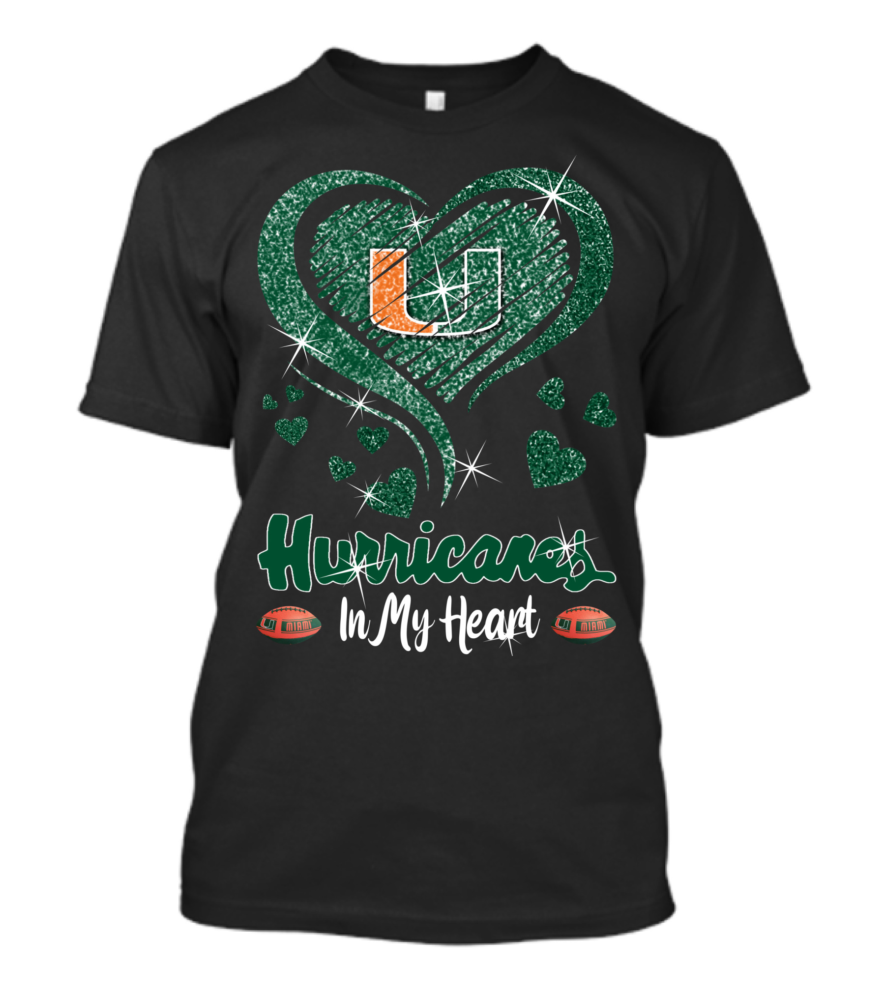 Hurricanes In My Heart Miami U Logo Football Sparkle Hearts T-Shirt
