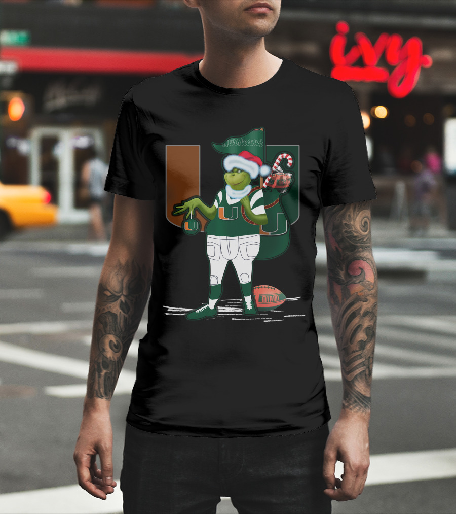 Grinchxmas Miami Hurricanes Festive Football Santa Grinch With Logo And Candy Cane Sack T-Shirt