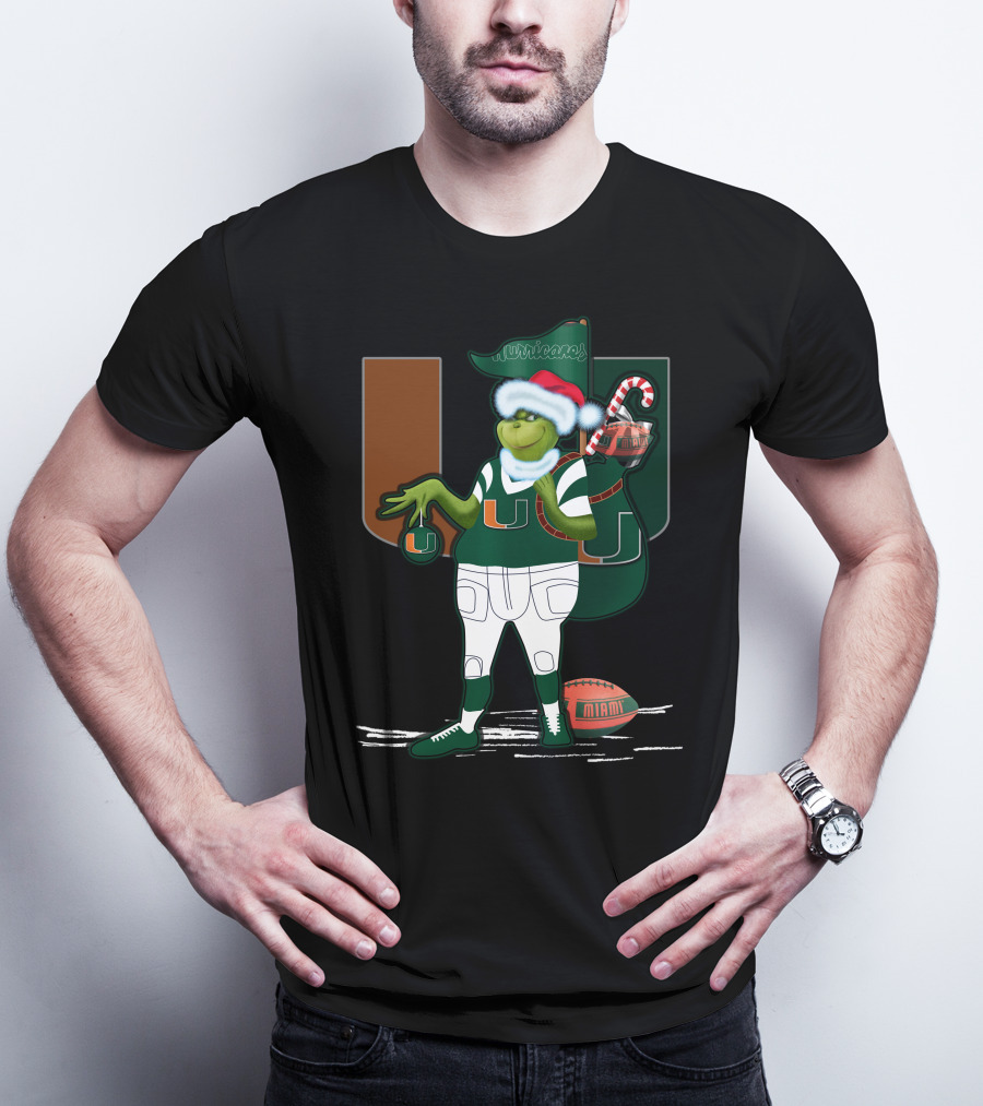 Grinchxmas Miami Hurricanes Festive Football Santa Grinch With Logo And Candy Cane Sack T-Shirt
